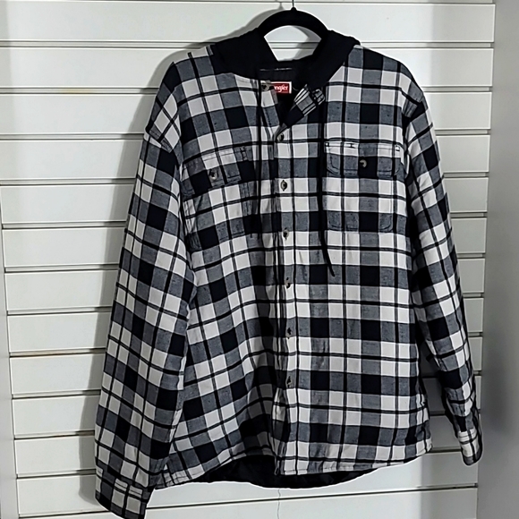 Wrangler | Jackets & Coats | Wranger Hooded Blkwht Plaid Shacket Large ...